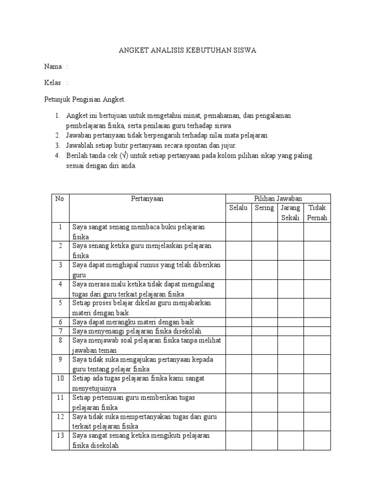 Angket Analisis Kebutuhan Siswa | PDF