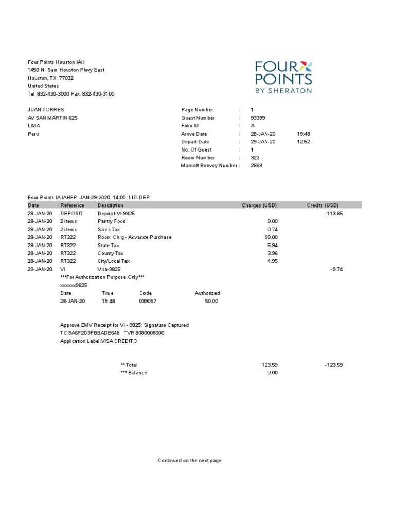 Hotel Receipt for Juan Torres' One Night Stay at Four Points by ...
