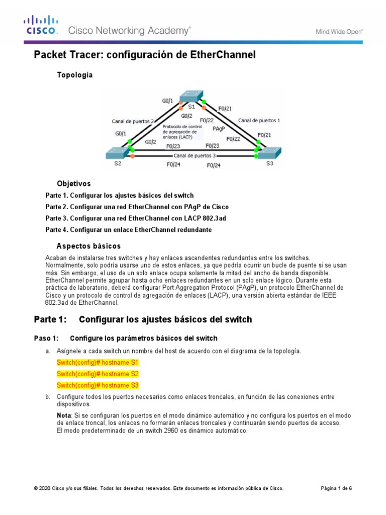 4.2.1.3 Packet Tracer - Configuring EtherChannel Instructions | PDF | Protocolos de ...