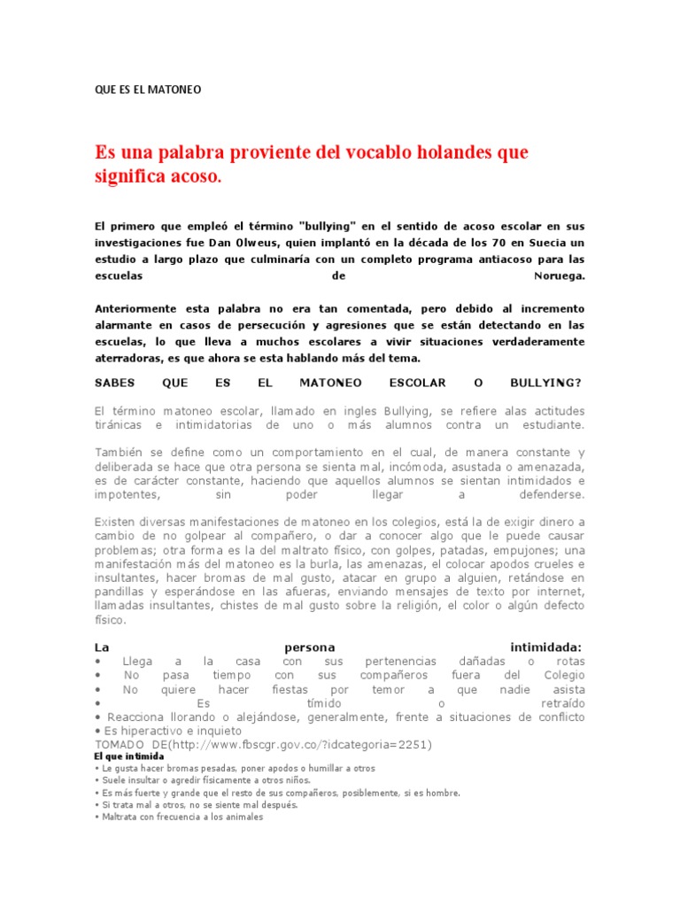 Que Es El Matoneo | PDF | comportamiento abusivo | Sociedad