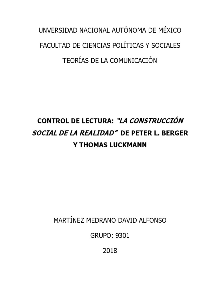 Control de Lectura - La Construcción Social de La Realidad - Peter L ...