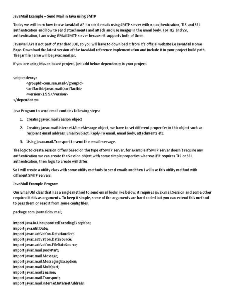 Javamail Example Send Mail In Java Using Smtp Pdf Transport Layer Security Computer