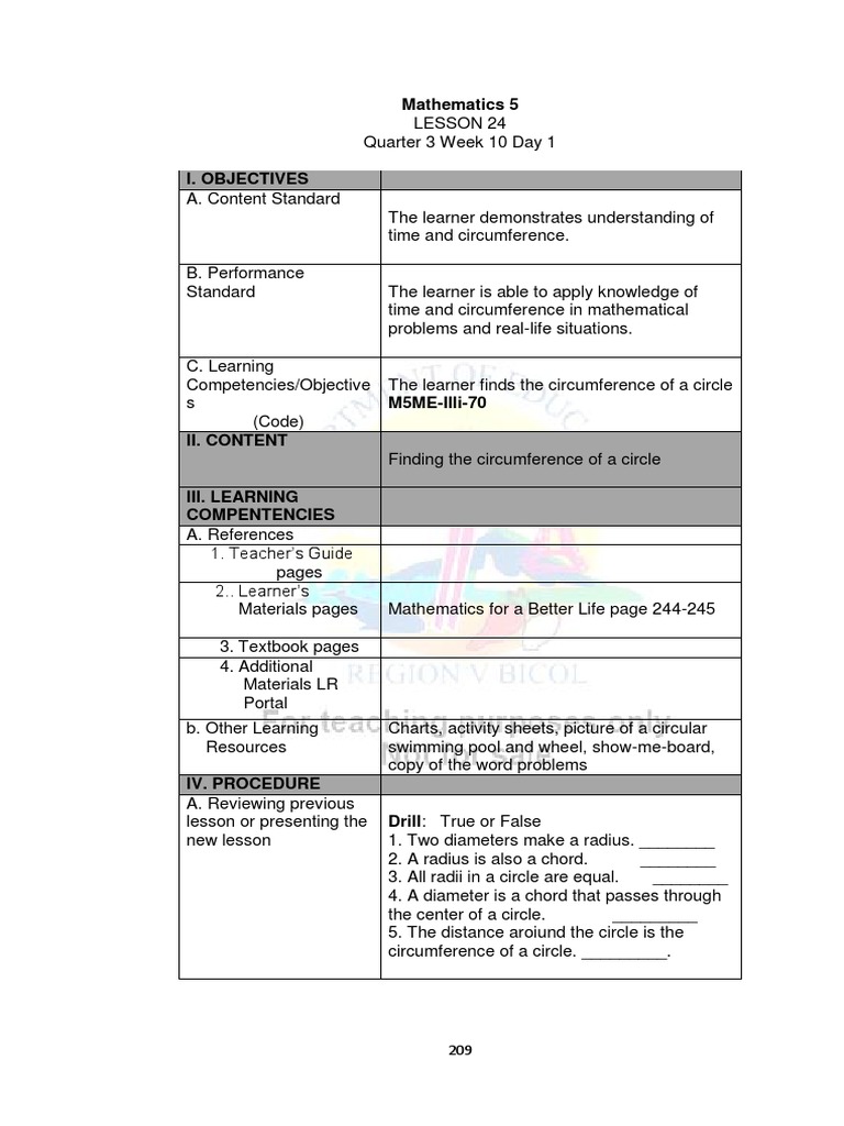Mathematics 5-Q3-w10 PDF | PDF | Circle | Pi