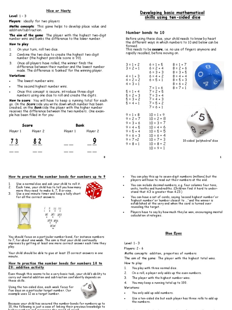 Fun Math Games for Kids' Skills | PDF | Dice | Numbers