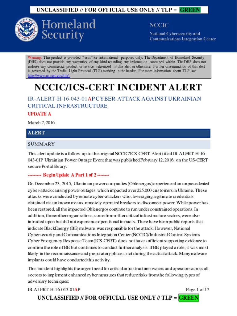 NCCIC UkrainianPowerAttack PDF | PDF | Computer Network | Malware