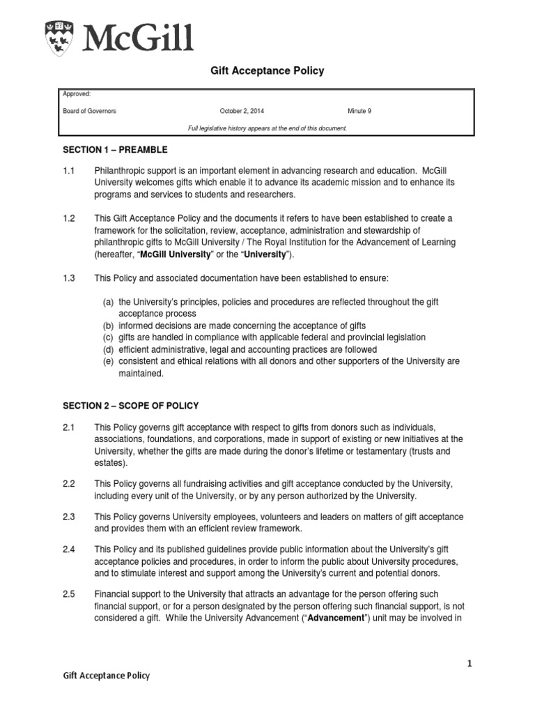 Gift Acceptance Policy Guidleines Approved Oct 2 2014 | PDF | Financial ...