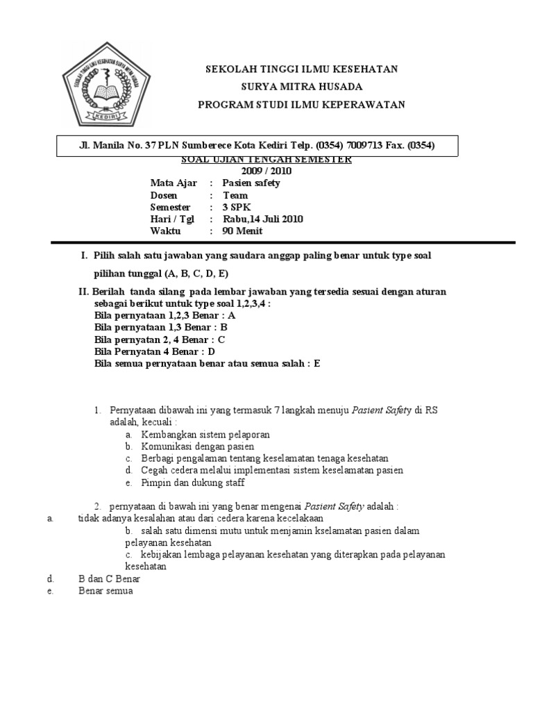 Soal Pasient Safety Sem 3 SPK | PDF