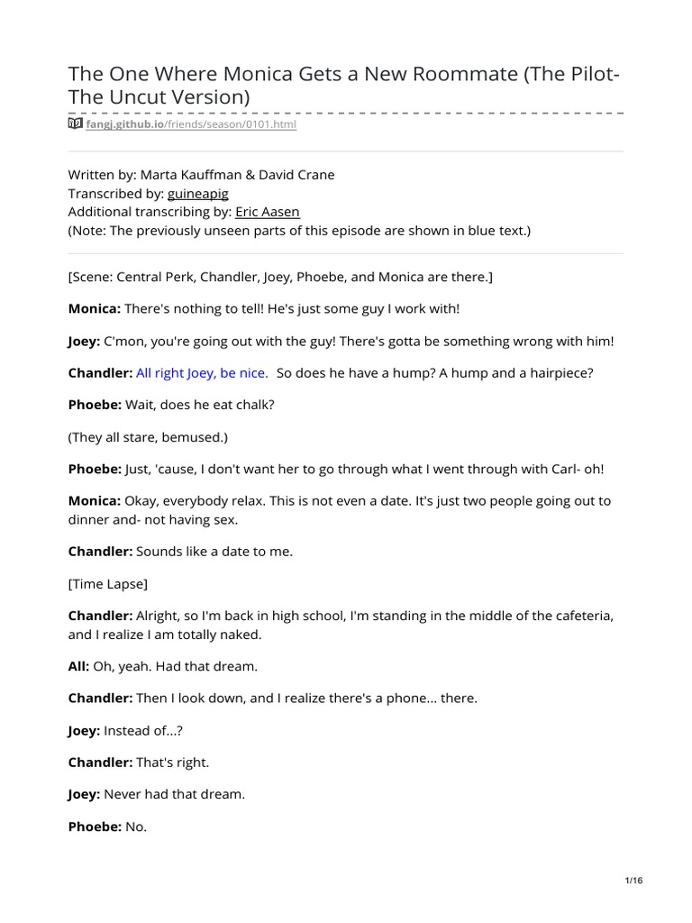 Fangj - Github.io-The One Where Monica Gets A New Roommate The Pilot-The Uncut Version | PDF ...