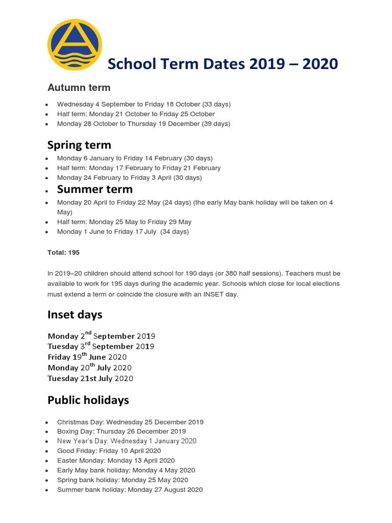 2019-20 School Term & Holiday Dates | PDF