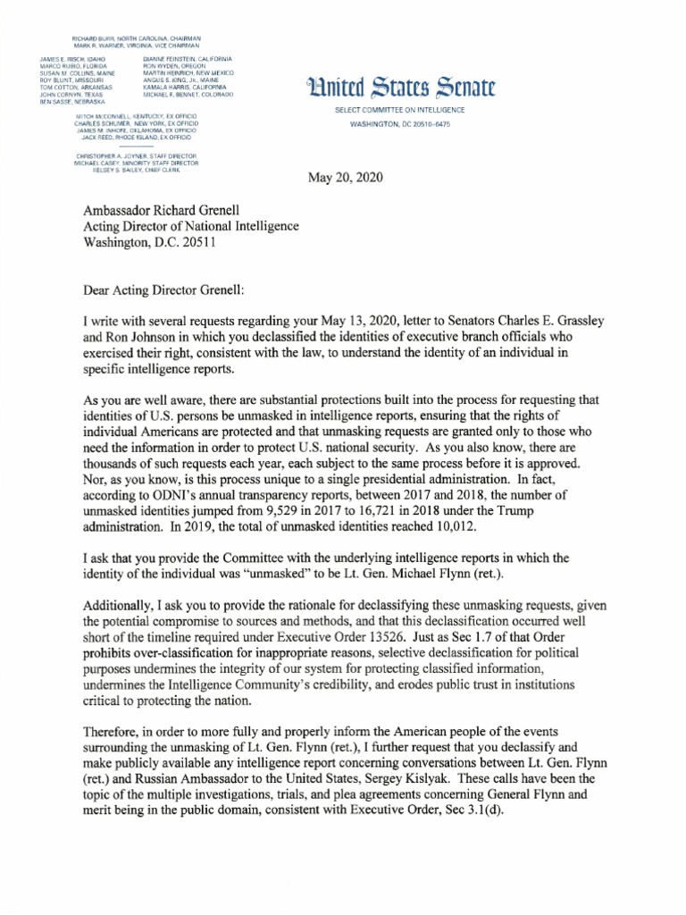 Warner Letter To Grenell | PDF | Classified Information In The United ...