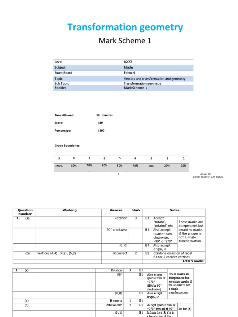 IGCSE Transformation Geometry Mark Scheme | PDF | Shape | Geometry