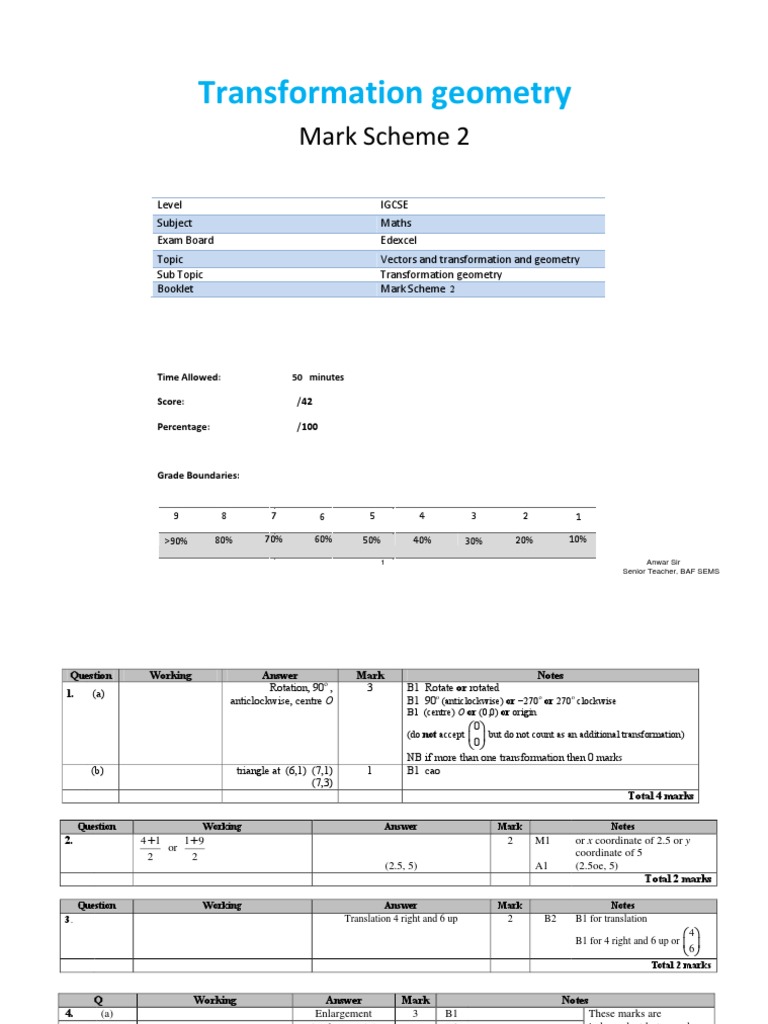 IGCSE Transformation Geometry Mark Scheme | PDF | Shape | Euclidean ...
