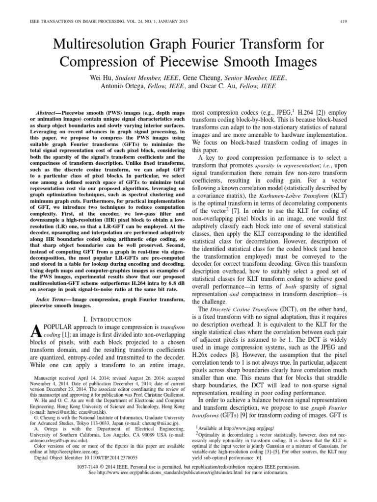 Multiresolution Graph Fourier Transform For Compression of Piecewise Smooth Images | PDF | Data ...
