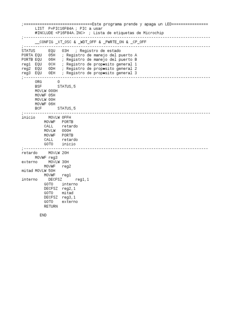 Este Programa Prende y Apaga Un Led PIC16f84 | PDF