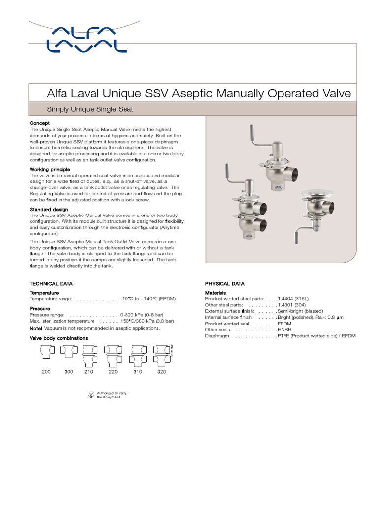 Alfa Laval Unique SSV Aseptic Manually Operated Valve Product Leaflet ...