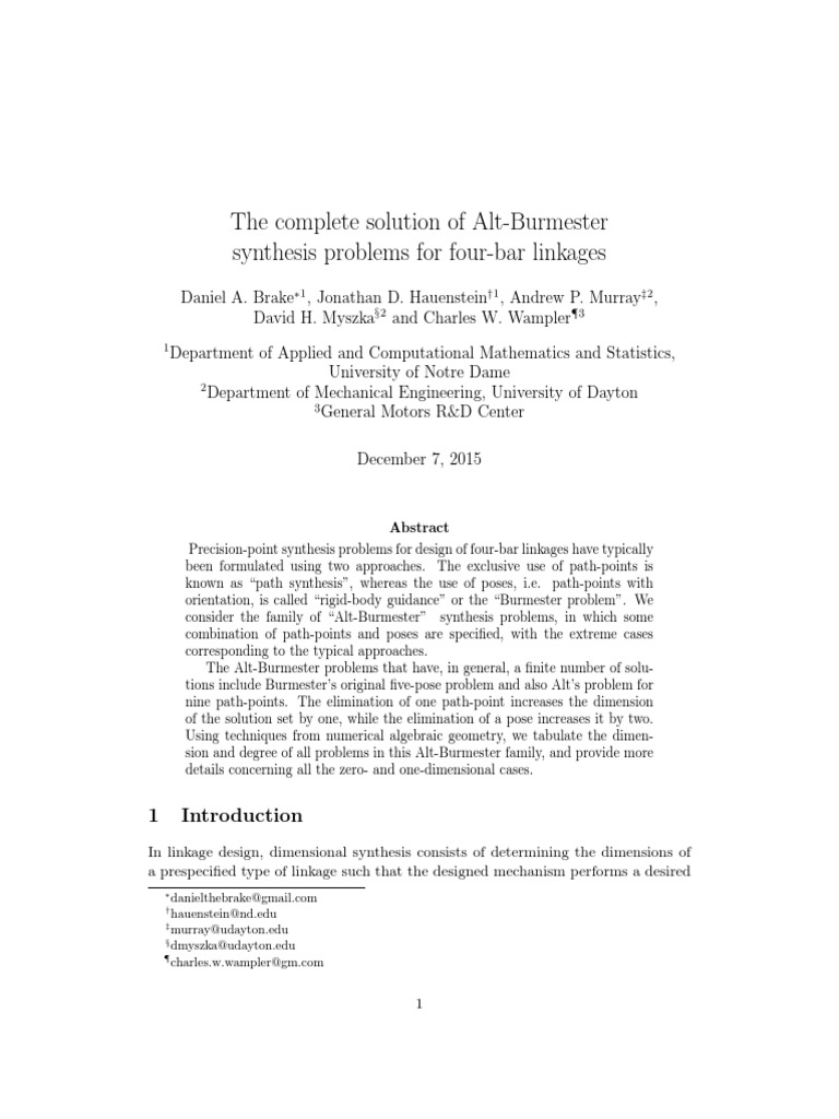 The Complete Solution of Alt-Burmester Synthesis Problems For Four-Bar ...