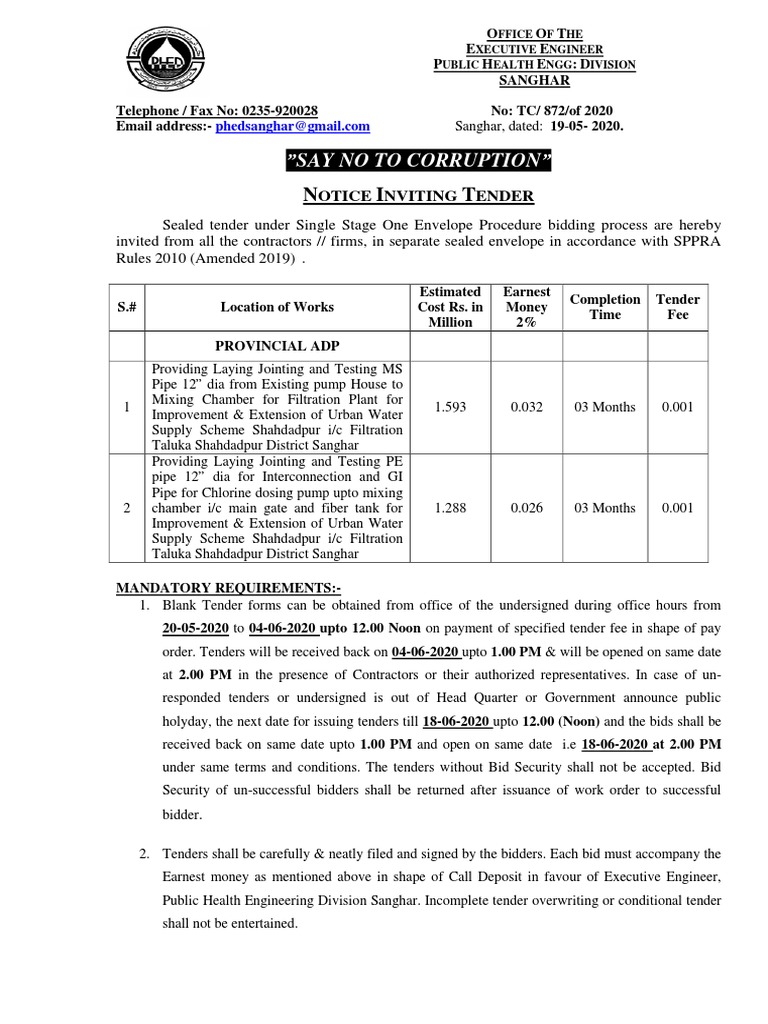 Notice Inviting Tenders | PDF | Procurement | Government