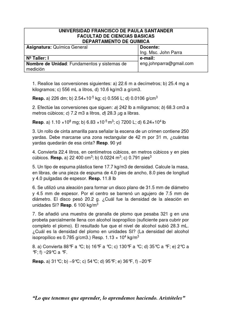 Taller de Ejer. - 1 Quimica General (I-2016) PDF | PDF | Cloro | Litro