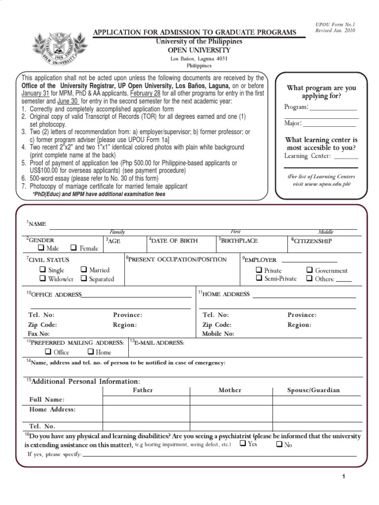 UPOU Graduate Admission Application Form | PDF