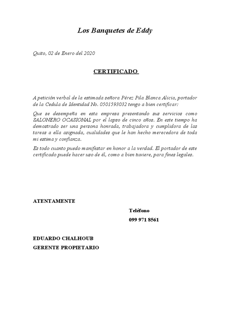 Certificado de Trabajo Salonero Quito | PDF