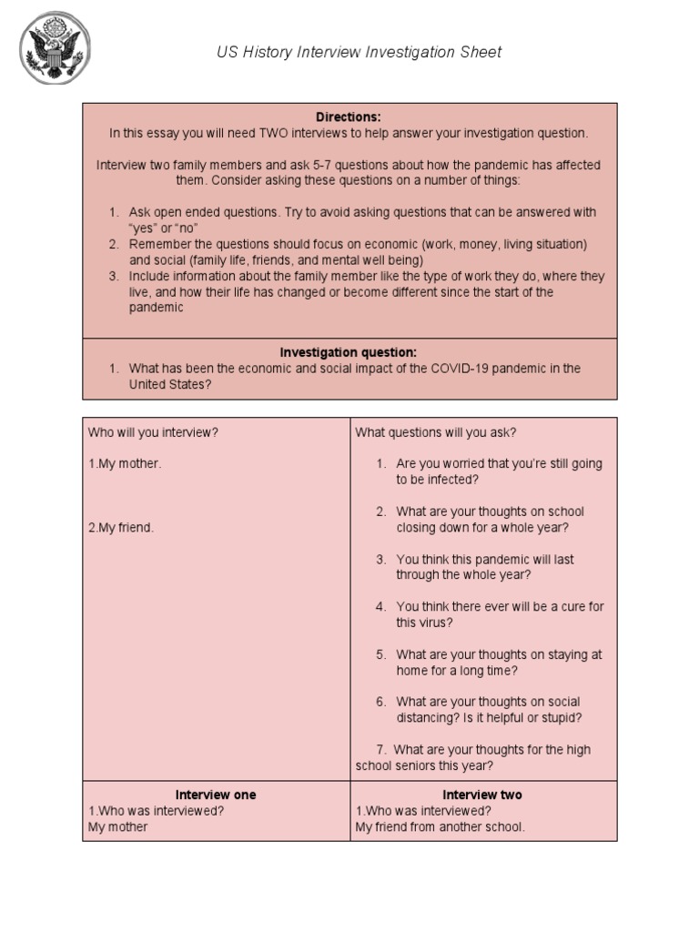 Emerson Gonzalez - Us History Interview Investigation Sheet | PDF ...