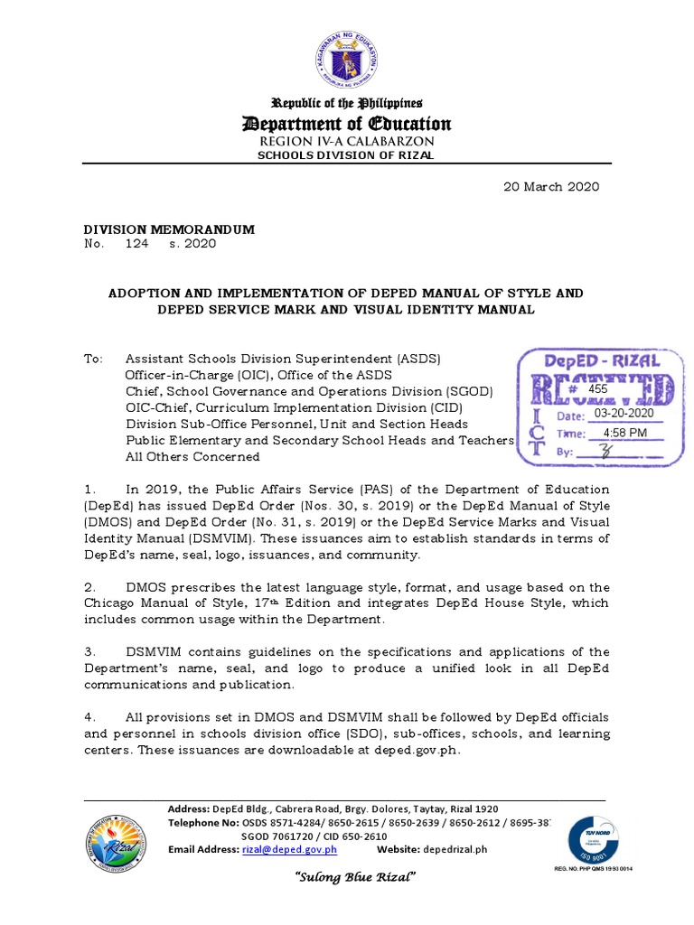 Division Memorandum No. 124 S. 2020adoption Implementation of DepEds ...