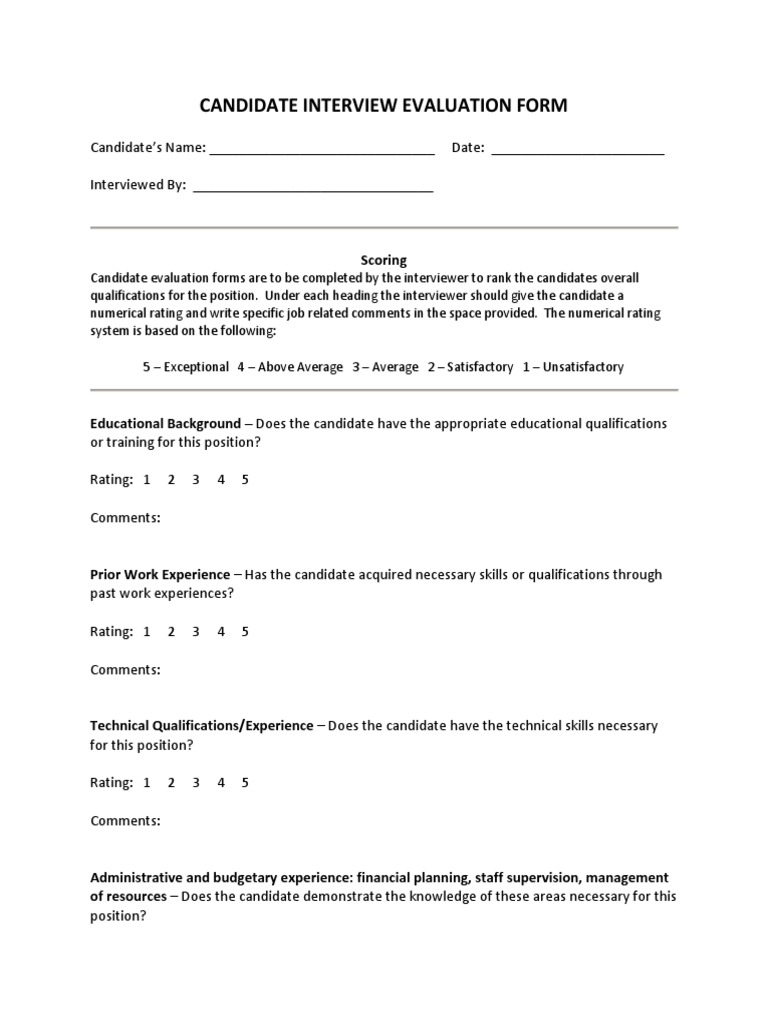 Sample Candidate Interview Evaluation Form PDF | PDF | Behavior Modification | Psychological ...