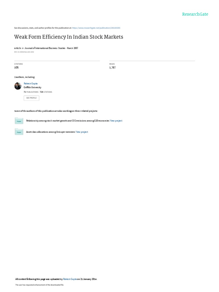 Weak Form Efficiency in Indian Stock Markets PDF | PDF ...