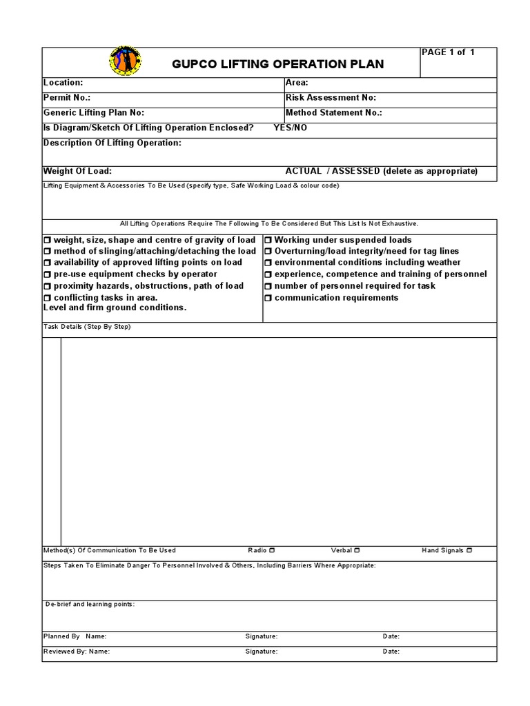 Lifting Operation Plan Template | PDF