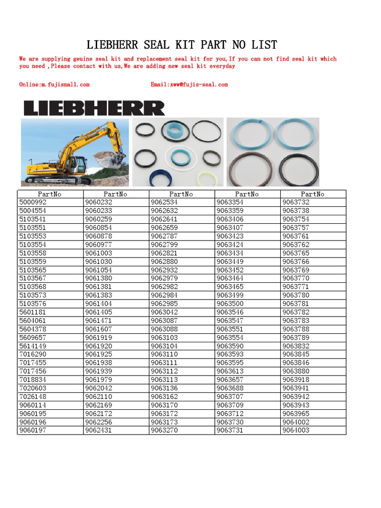 Liebherr Seal Kit Part No List | PDF | Construction Equipment ...
