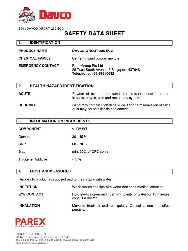 DAVCO GROUT 280 ECO (Rev.05) - 4 | PDF | Dangerous Goods | Safety