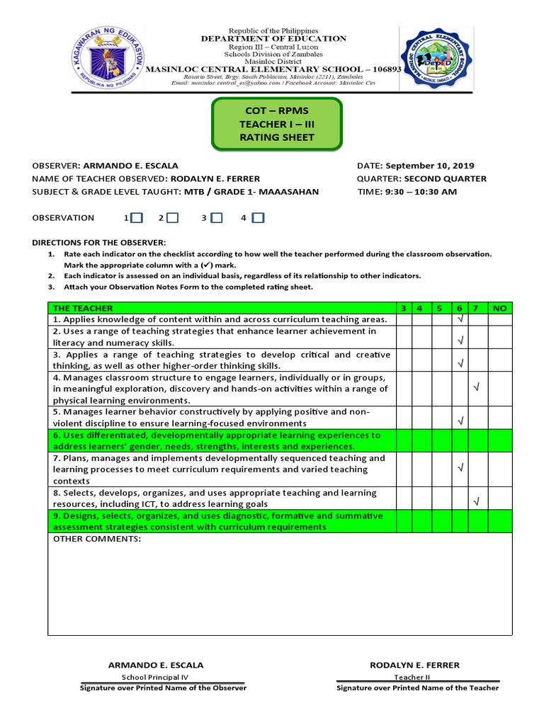 Cot RPMS Rating Sheet Observation Notes Form and Inter Observer ...