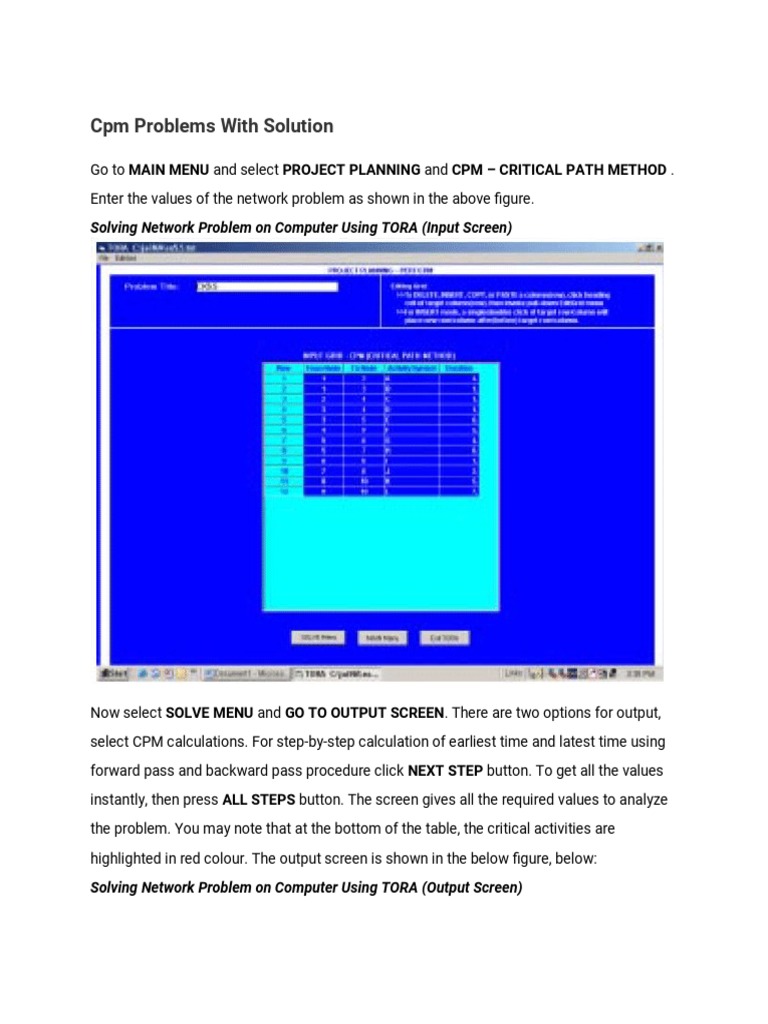 CPM Problems With Solution: Solving Network Problem On Computer Using TORA (Input Screen) | PDF ...