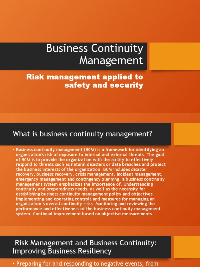 Business Continuity Management Overview | PDF | Risk Management | Risk