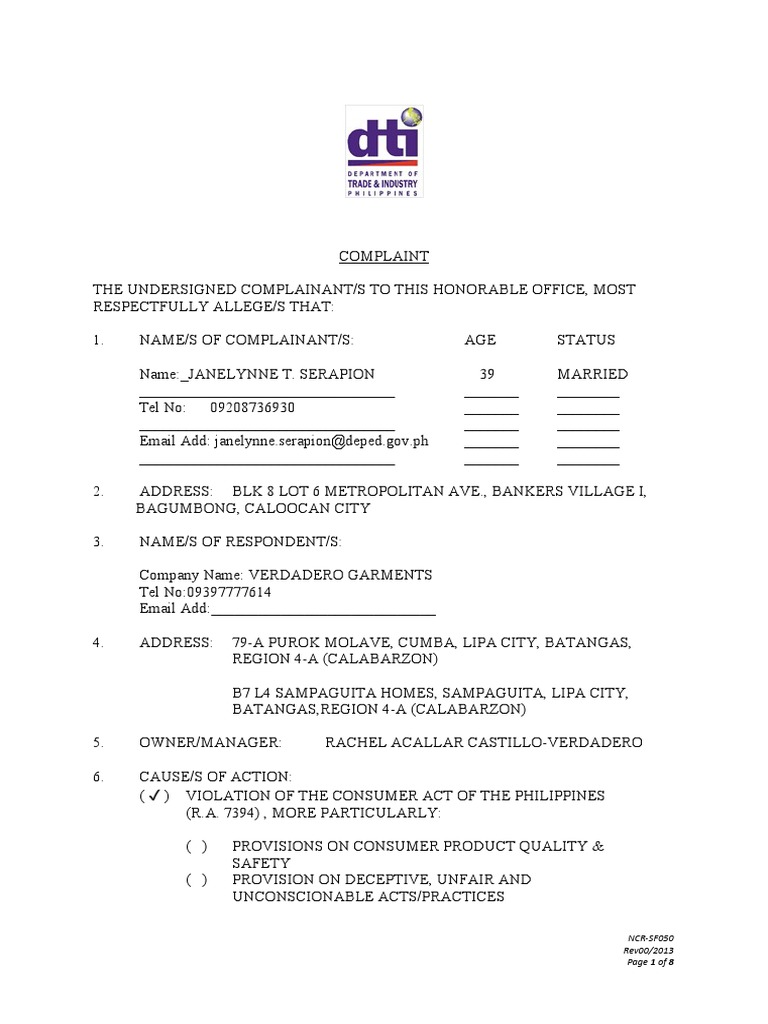 40 NCR-SF050 - Complaint Form | PDF | Business
