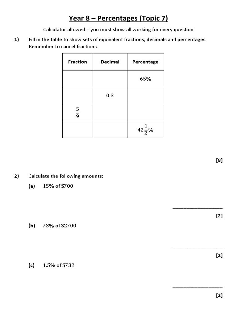 8 Percentages Revision Test | PDF | Percentage | Lexicology