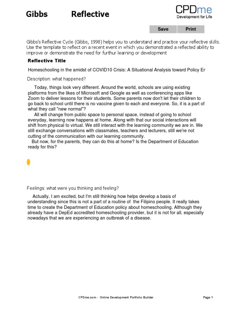 Concept 2. Gibbs Reflective Practice Template | PDF | Homeschooling ...