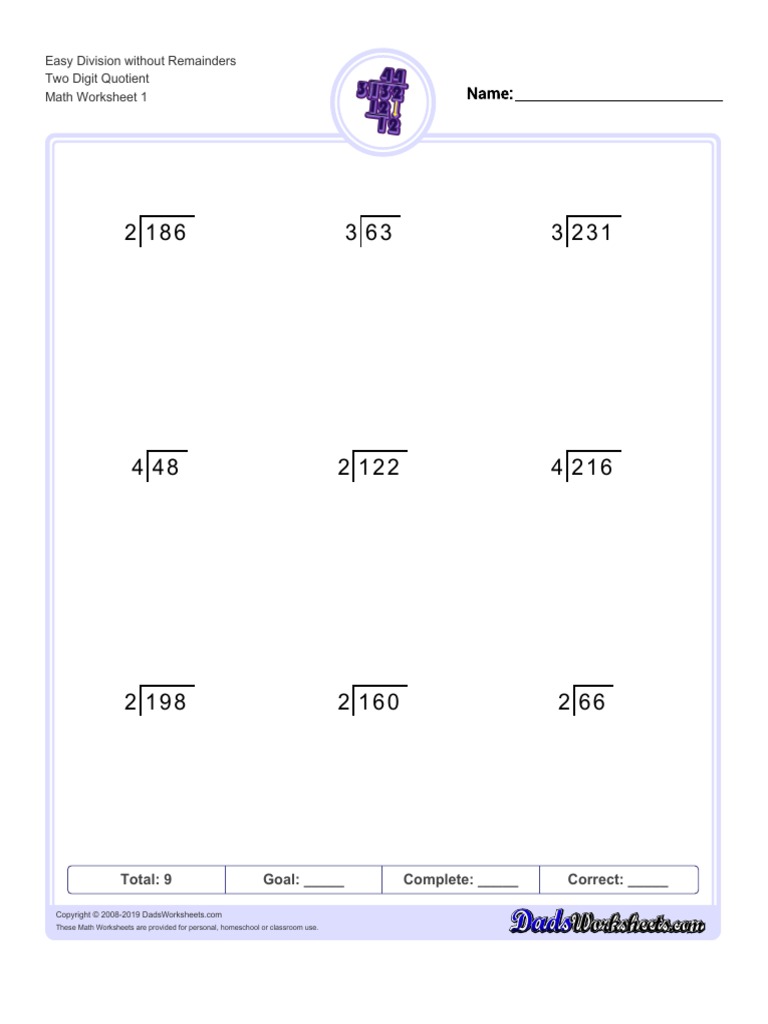Easy Division Without Remainders Two Digit Quotient Math Worksheet 1 ...