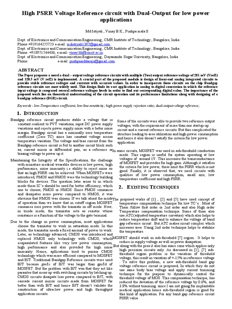 High PSRR Voltage Reference Circuit With Dual-Output For Low Power ...