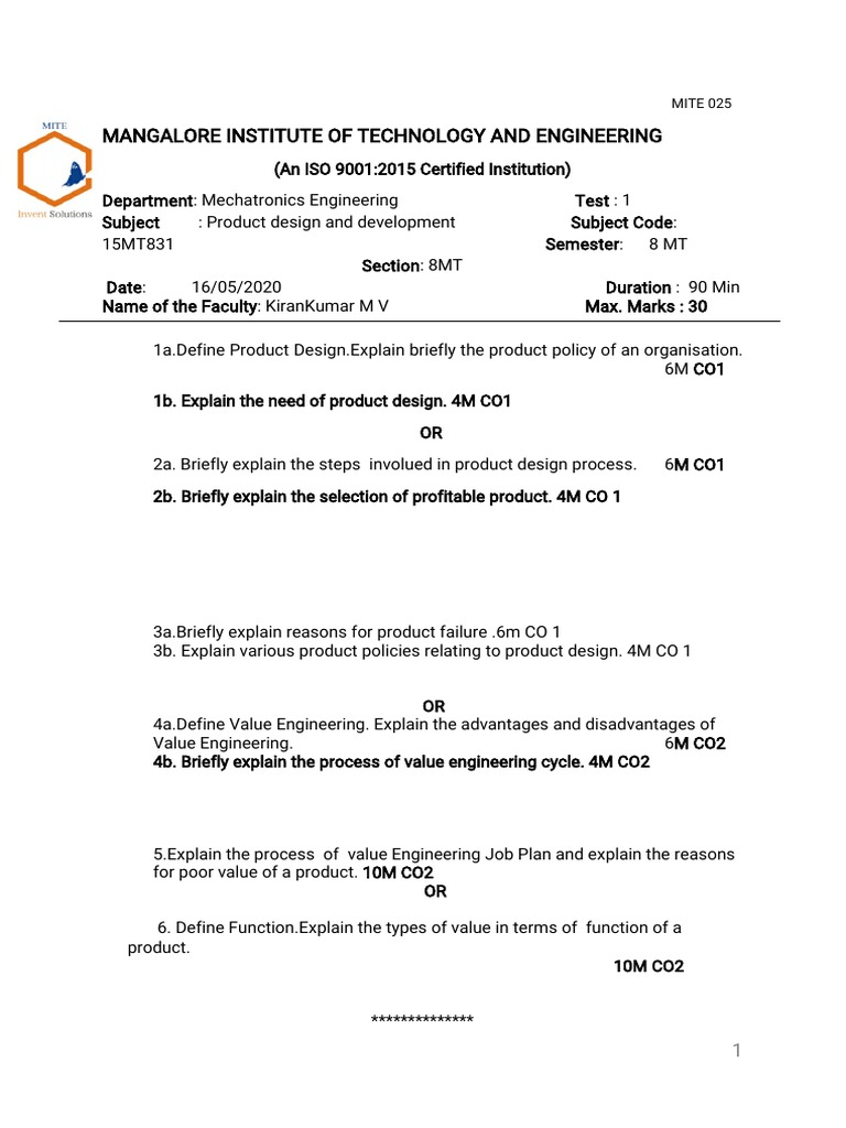 Product Design Exam Questions 8MT | PDF