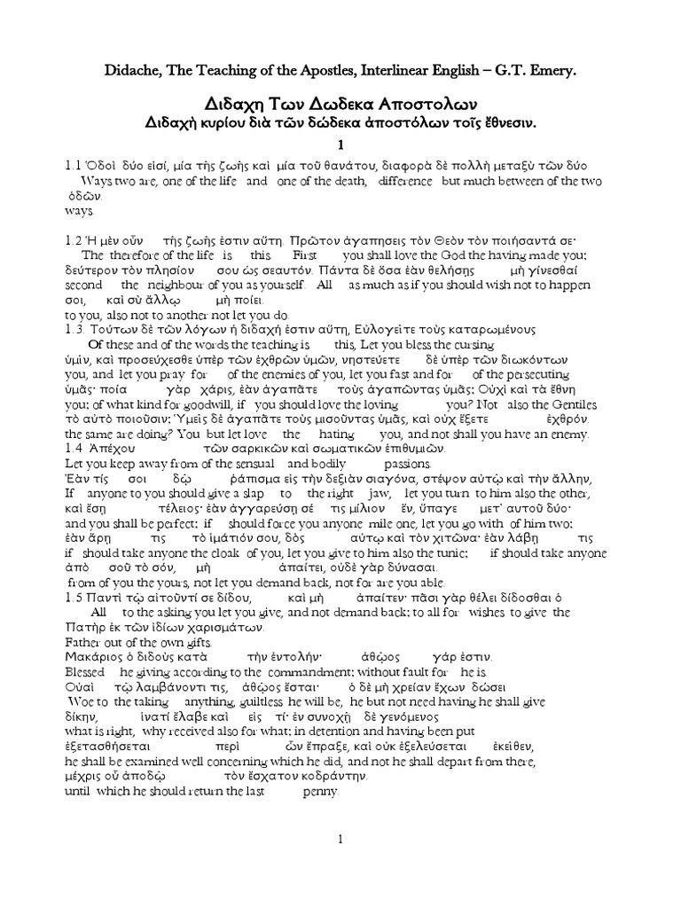 Didache, The Teaching of The Apostles, Interlinear English - G.T. Emery | PDF | Baptism ...