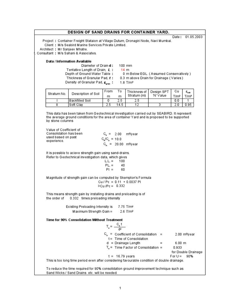 Design of Sand Drains For Container Yard.: Data / Information Available ...