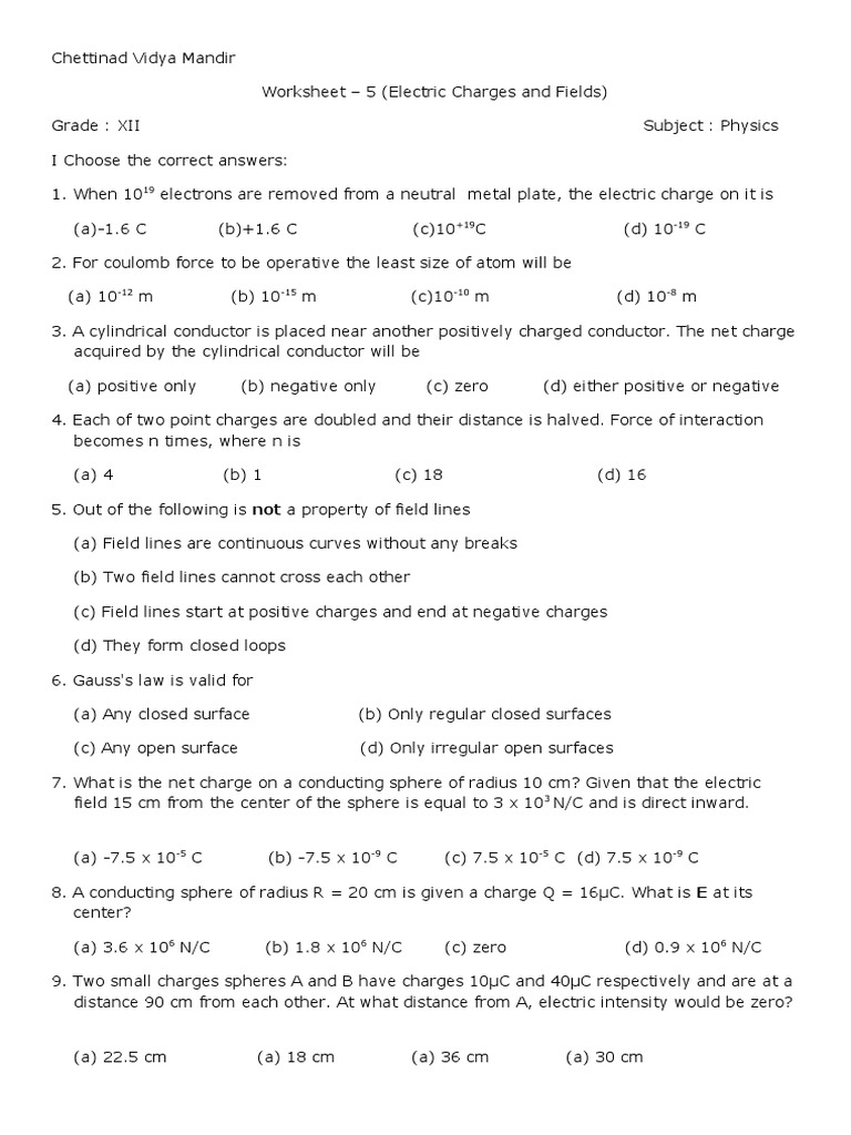 Worksheet 5 (Electric Charges and Fields) | PDF