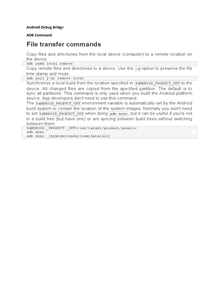 File Transfer Commands: Android Debug Bridge ADB Command | PDF
