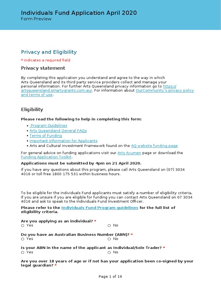 Individuals Fund Application April 2020: Privacy and Eligibility | PDF ...