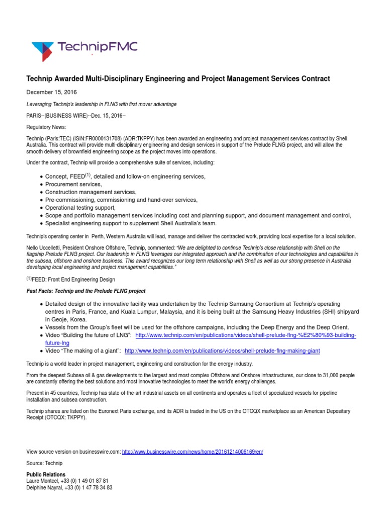 Technip Awarded Multi-Disciplinary Engineering and Project Management Services Contract | PDF ...
