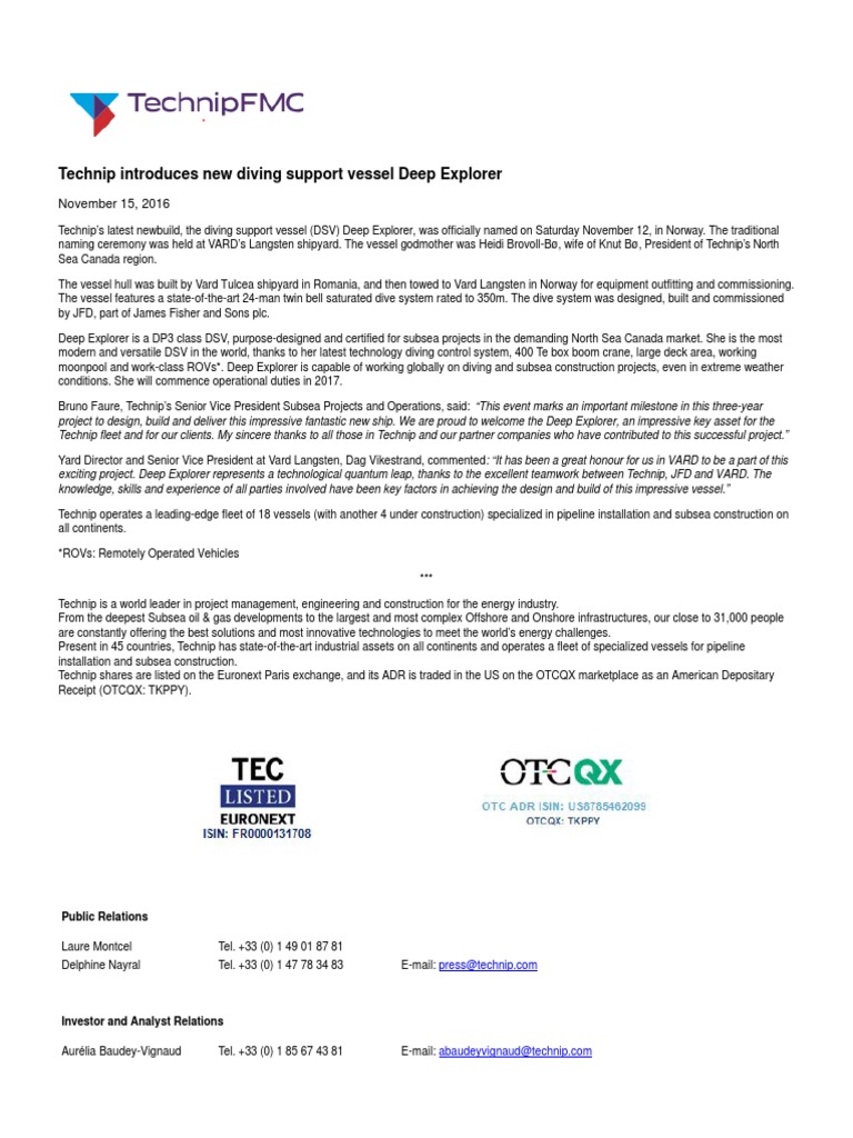 Technip Introduces New Diving Support Vessel Deep Explorer | PDF ...