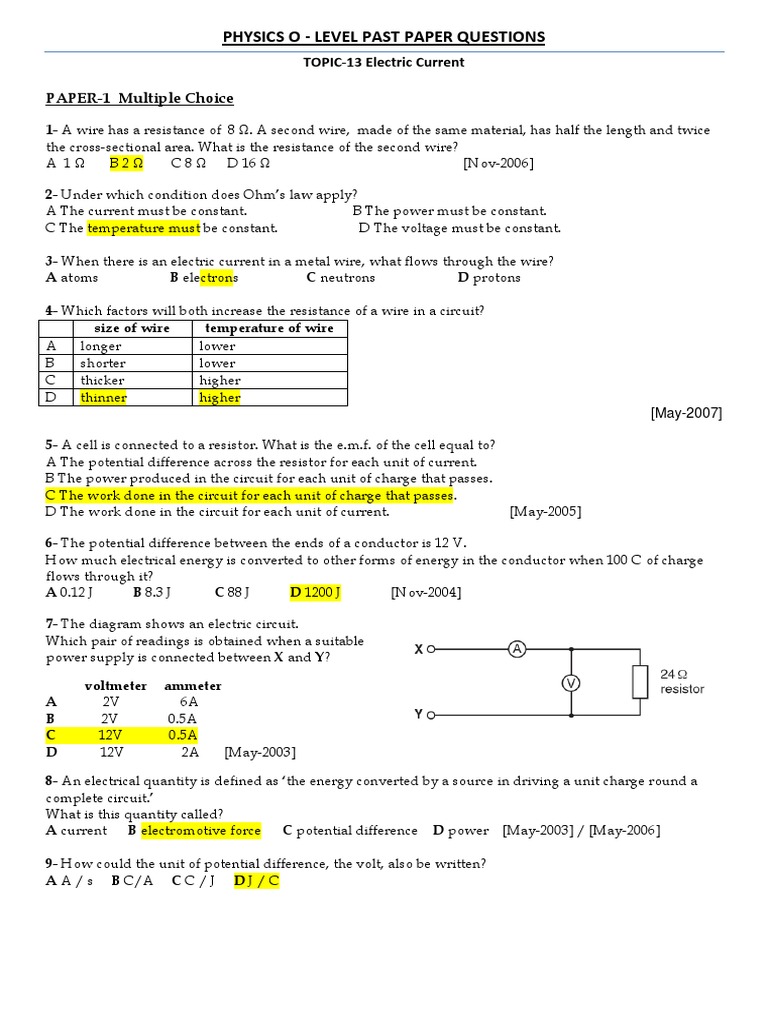 Level Past Paper Questions - Physics O: TOPIC-13 Electric Current PAPER ...