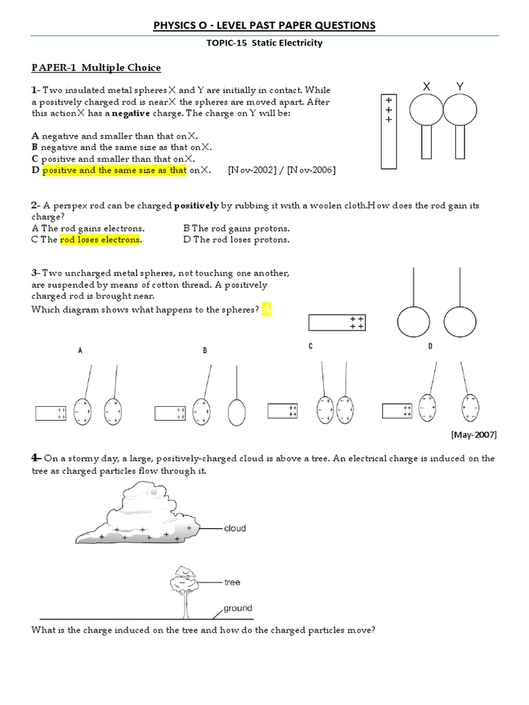 Level Past Paper Questions - Physics O: TOPIC-15 Static Electricity ...