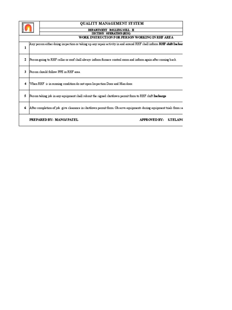 Quality Management System: Work Instruction For Person Working in RHF ...